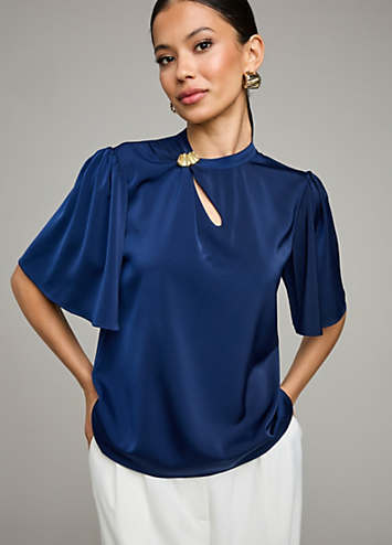 Kaleidoscope Navy Satin Keyhole Blouse | Grattan