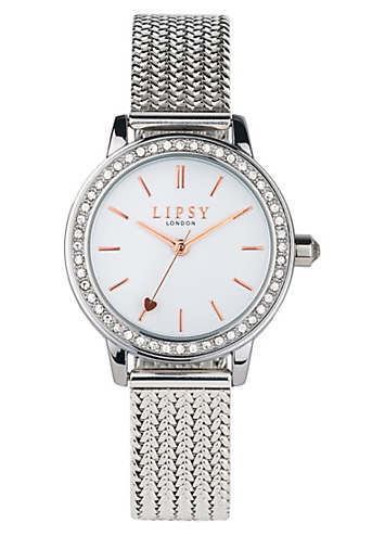 Lipsy Silver Mesh Strap Watch with White Dial & Stone Set Bezel | Grattan