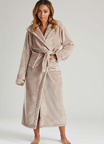 Loungeable Ribbon Trim Luxury Fleece Hooded Maxi Robe | Grattan