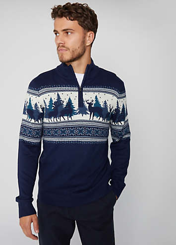 Threadbare Navy Quarter Zip Christmas Knitted Jumper | Grattan