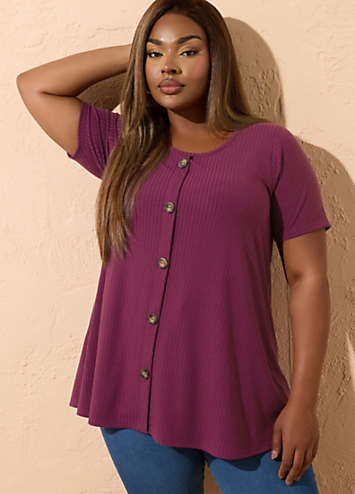Yours Curve Purple Button Front Ribbed Swing Top | Grattan