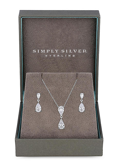Simply Silver Sterling Silver 925 Cubic Zirconia Double Peardrop Jewellery Set Gift Boxed Grattan