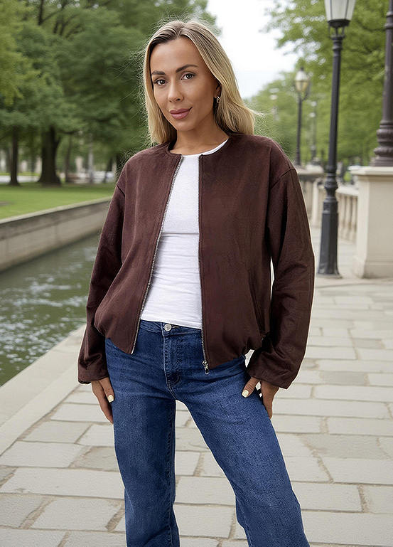 AX Paris Chocolate Faux Suede Bubble Hem Jacket | Grattan