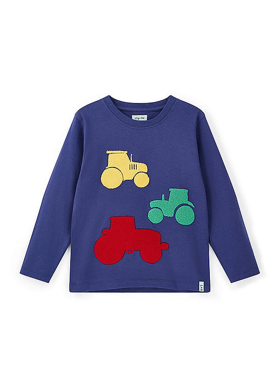 Lilly & Sid Kids Organic Cotton Navy Roaming Tractor Print Top | Grattan