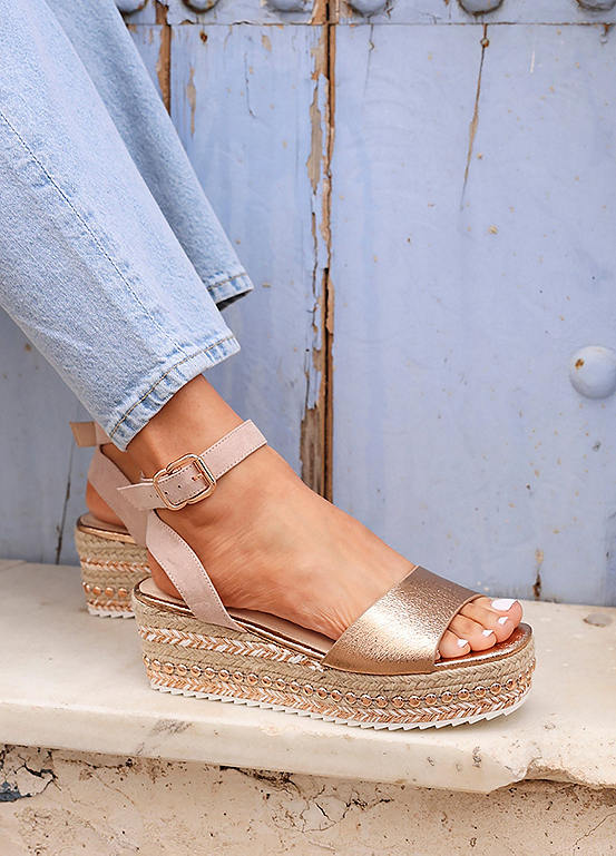 Linzi Disco - Rose Gold & Nude Square Toe & Studded Espadrille Flatform Sandals | Grattan