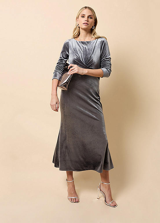 Little Mistress Francesca Pewter Velvet Midaxi Dress | Grattan