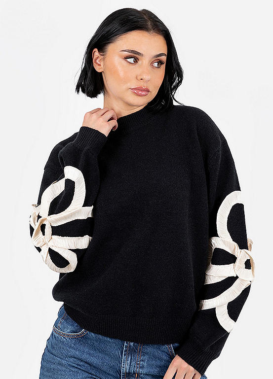 Lovedrobe Black Jumper with Satin Squiggle Appliqué On Sleeves | Grattan