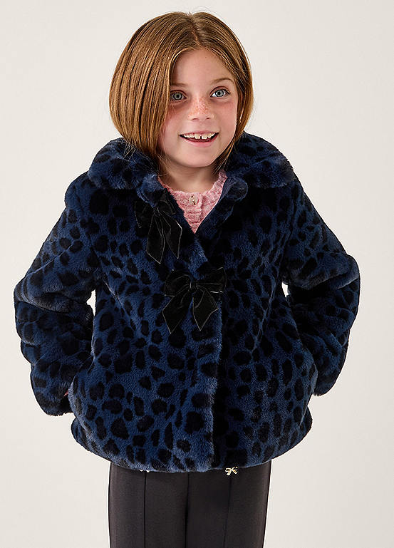 Monsoon Kids Animal Print Faux Fur Bow Coat | Grattan