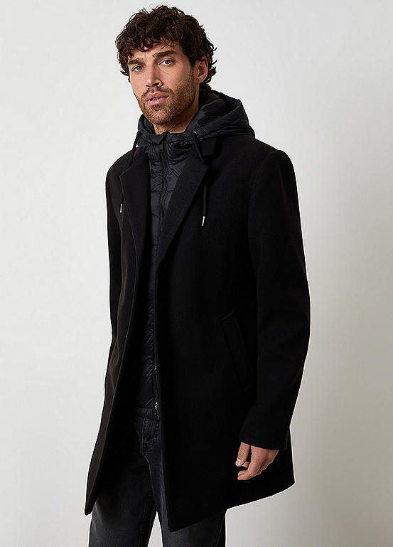 Threadbare Black Faux Wool Mock Inner Hooded Longline Coat | Grattan