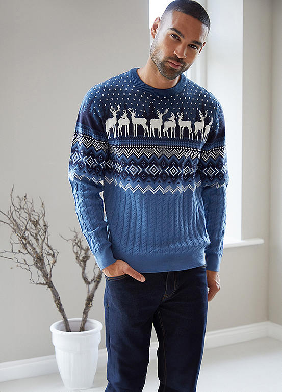 Threadbare Blue Cable Knit Fairisle Crew Neck Christmas Jumper | Grattan