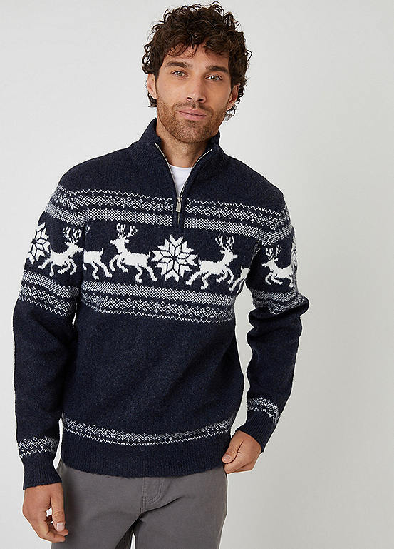 Threadbare Fair Isle Christmas Knitted Quarter Zip Jumper | Grattan