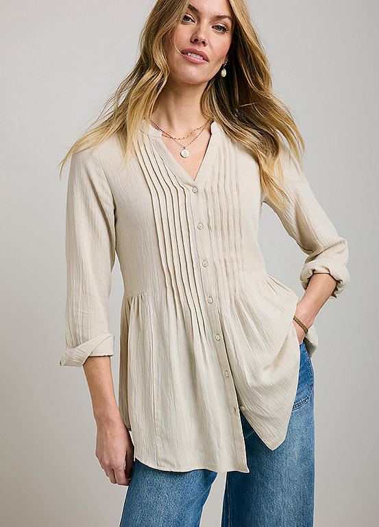 Together Stone Linen Mix Pintuck Blouse | Grattan