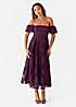 Maya Deluxe Maya Plum Bardot Puff Short Sleeve Lace Midi Dress | Grattan